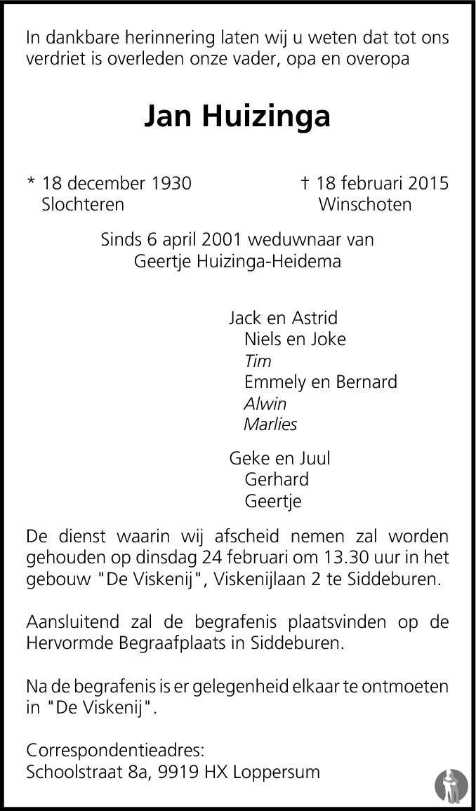Jan Huizinga 18-02-2015 overlijdensbericht en condoleances - Mensenlinq.nl