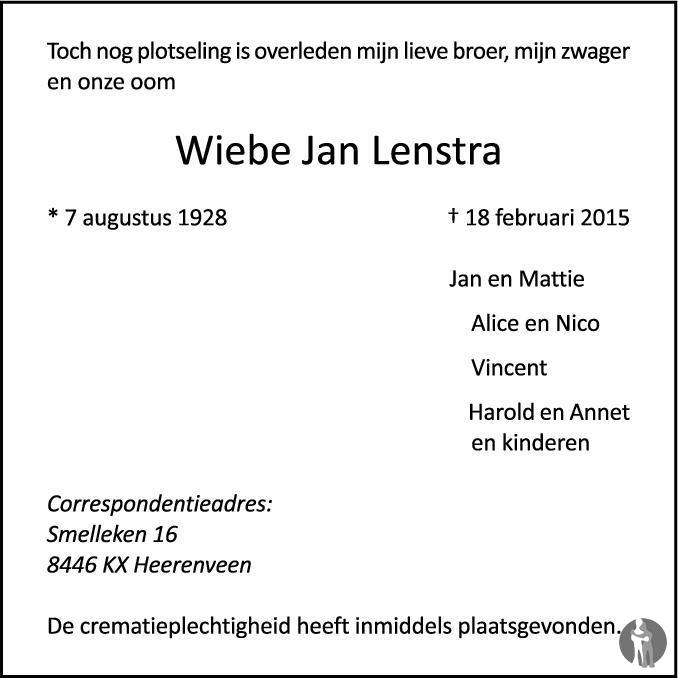 Wiebe Jan Lenstra 18-02-2015 overlijdensbericht en condoleances ... Wiebe Jan Lenstra 18-02-2015 overlijdensbericht en condoleances ...