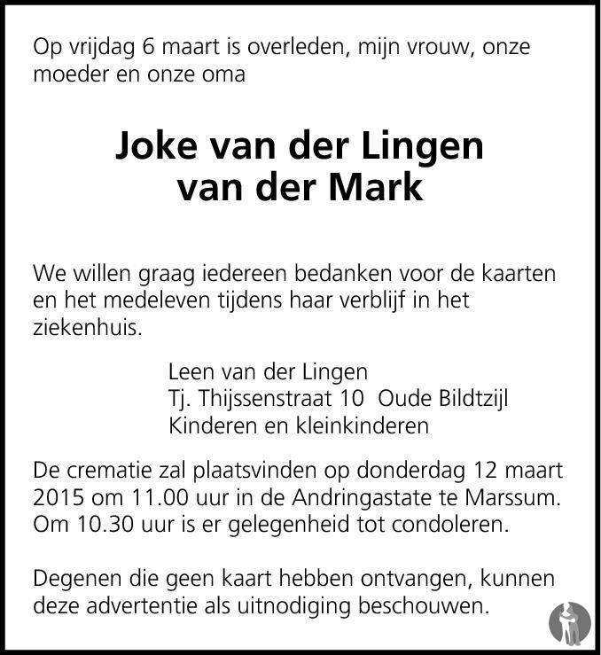 Joke van der Lingen - van der Mark 06-03-2015 overlijdensbericht en ...