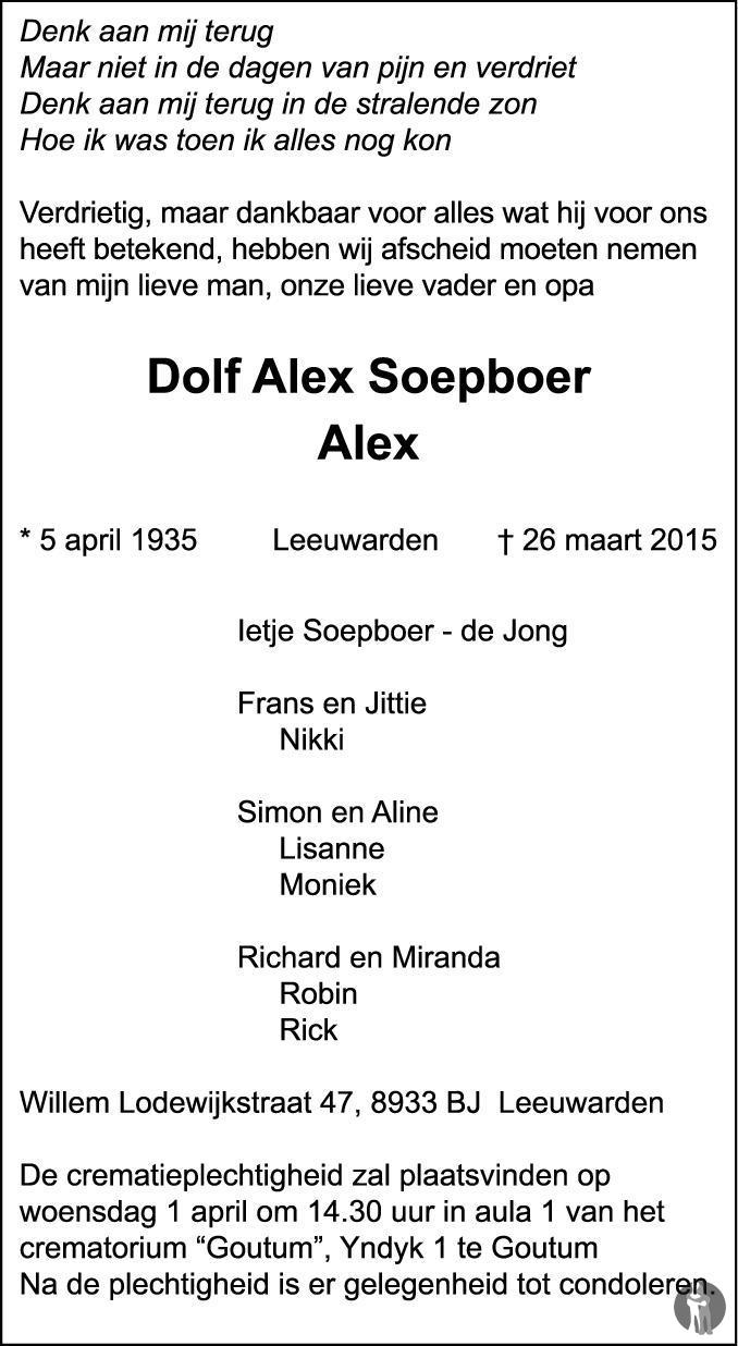 Dolf Alex (Alex) Soepboer 26-03-2015 overlijdensbericht en condoleances ...