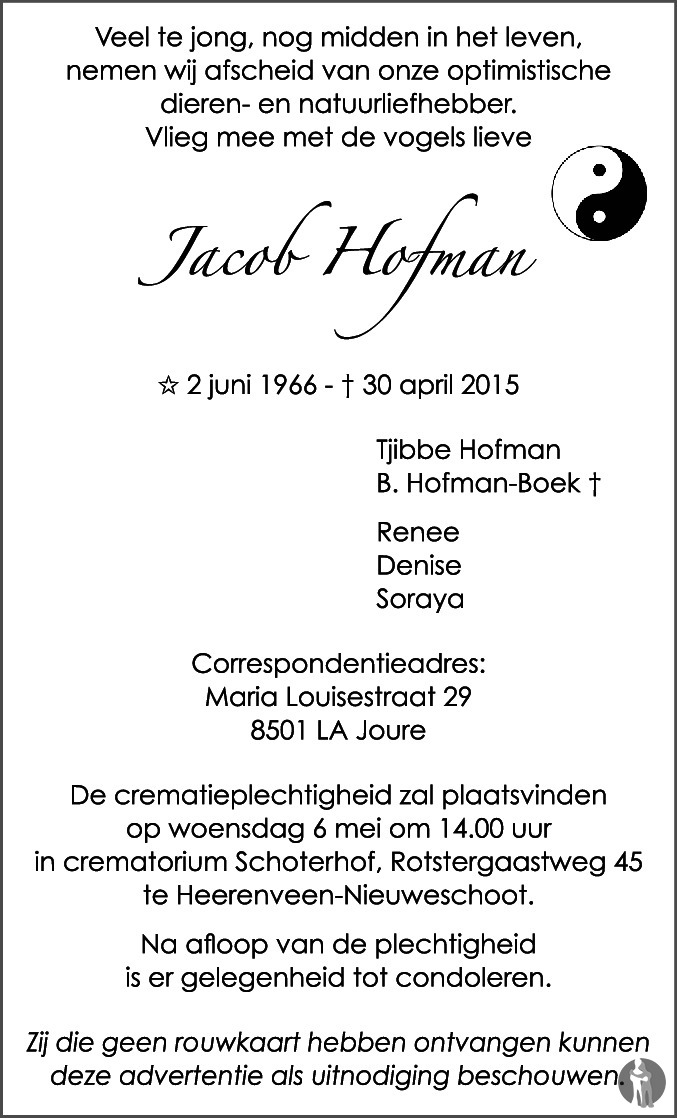 Jacob Hofman 30-04-2015 overlijdensbericht en condoleances - Mensenlinq.nl