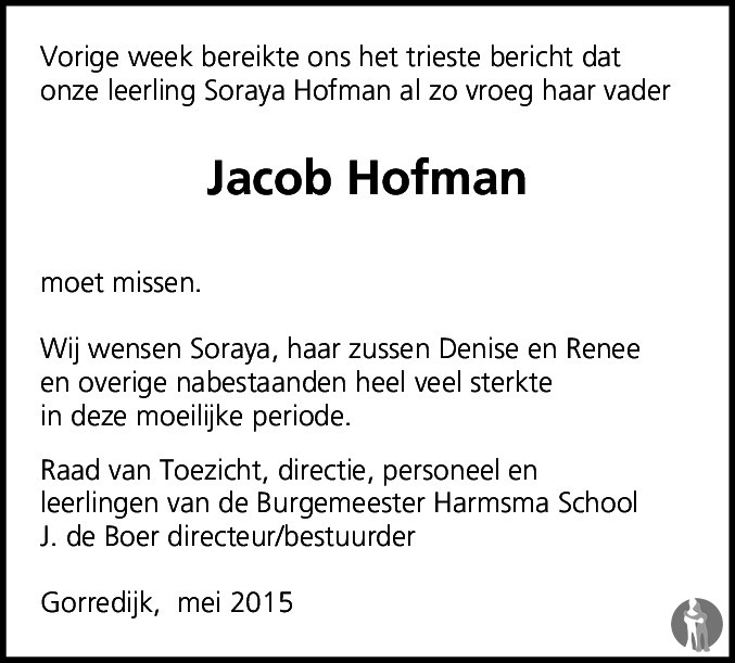 Jacob Hofman 30-04-2015 overlijdensbericht en condoleances - Mensenlinq.nl
