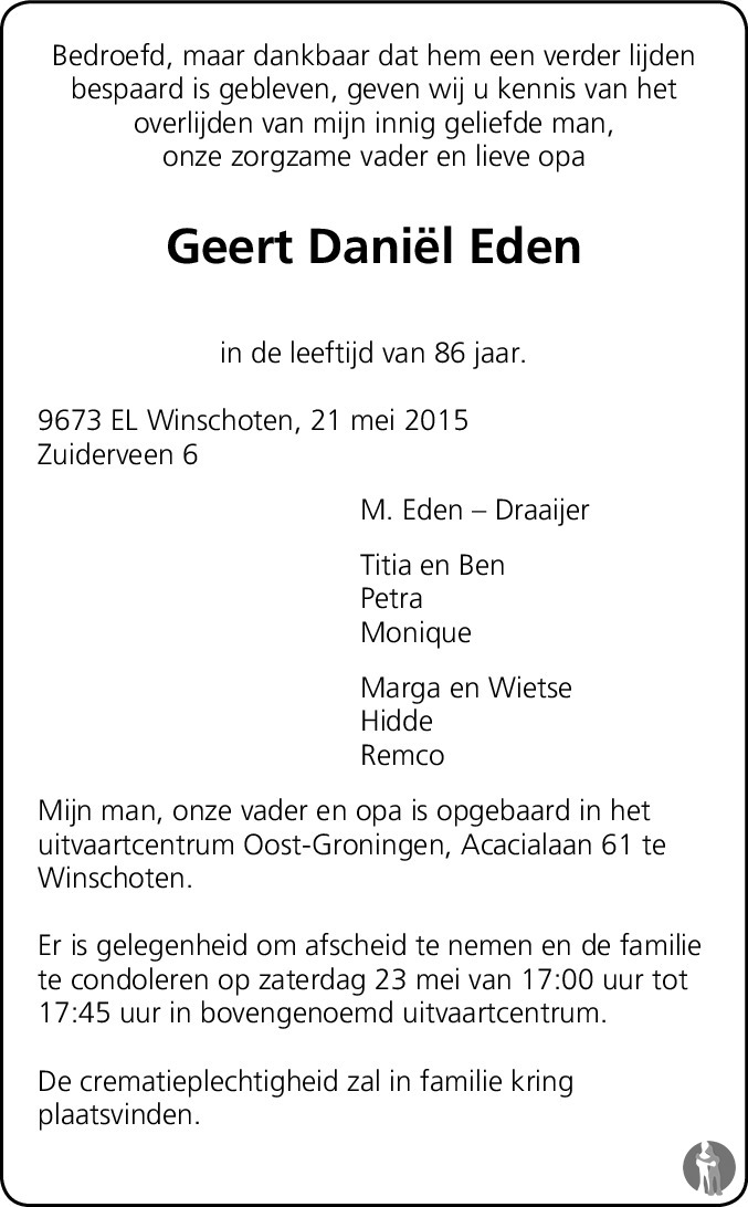 Geert Daniël Eden 21-05-2015 overlijdensbericht en condoleances ...