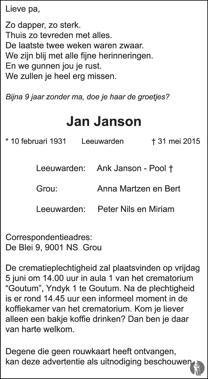 Jan Janson 31-05-2015 overlijdensbericht en condoleances - Mensenlinq.nl