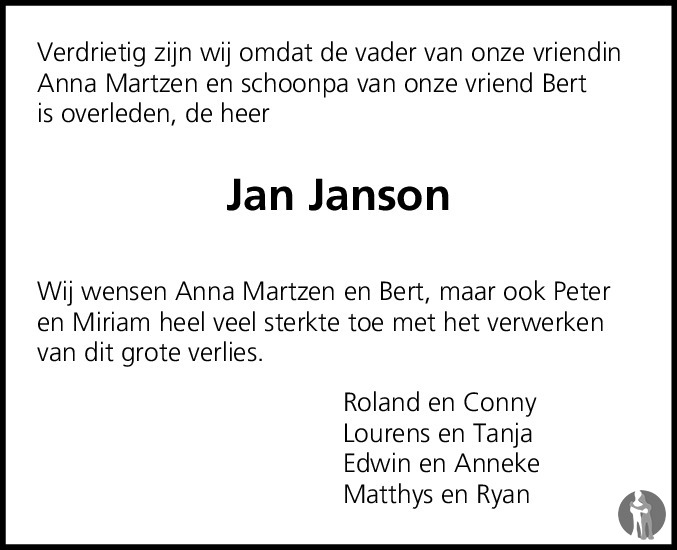 Jan Janson 31-05-2015 overlijdensbericht en condoleances - Mensenlinq.nl