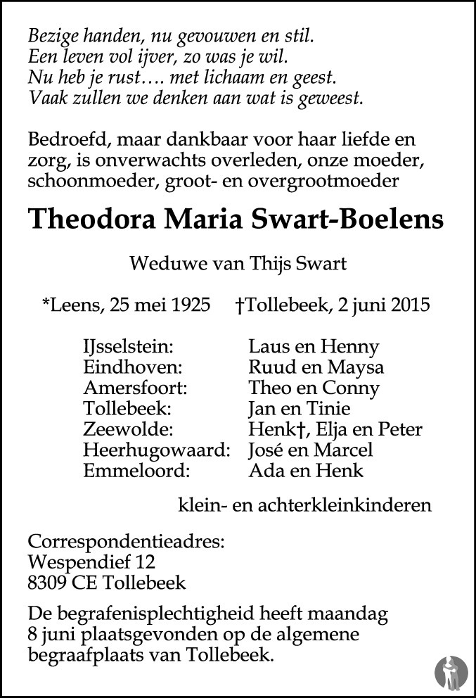 Theodora Maria Swart - Boelens 02-06-2015 overlijdensbericht en ...