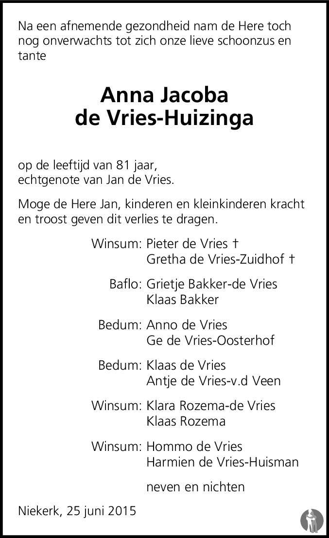 Anna Jacoba de Vries - Huizinga 25-06-2015 overlijdensbericht en ...