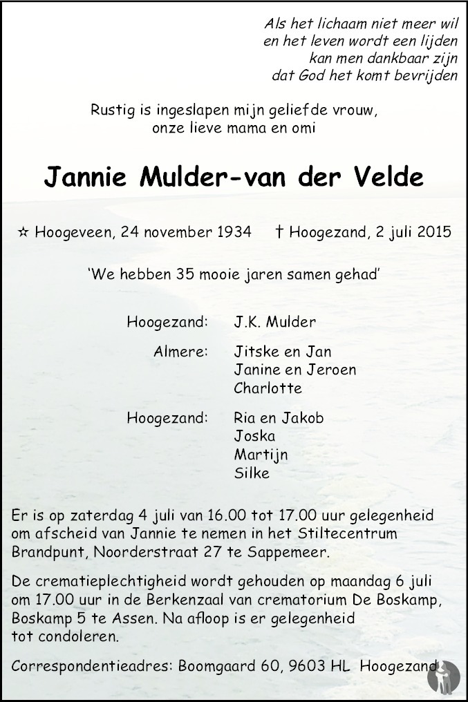 Jannie Mulder - van der Velde 02-07-2015 overlijdensbericht en ...
