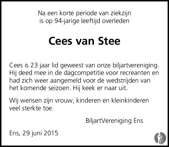 Cornelis (Cees) van Stee 29-06-2015 overlijdensbericht en condoleances ...
