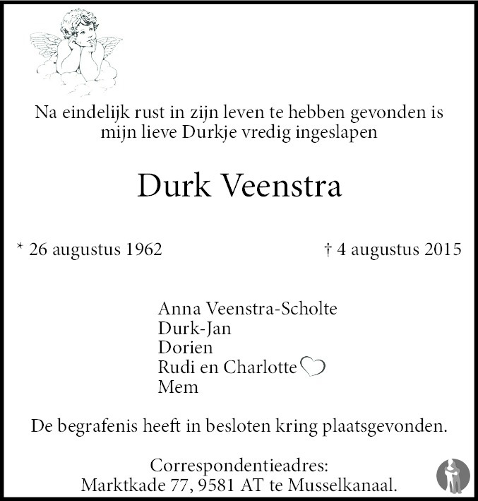 Durk Veenstra 04-08-2015 overlijdensbericht en condoleances - Mensenlinq.nl