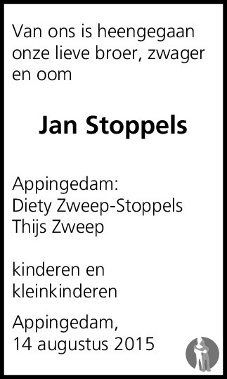Jan Stoppels 14-08-2015 overlijdensbericht en condoleances - Mensenlinq.nl Jan Stoppels 14-08-2015 overlijdensbericht en condoleances - Mensenlinq.nl