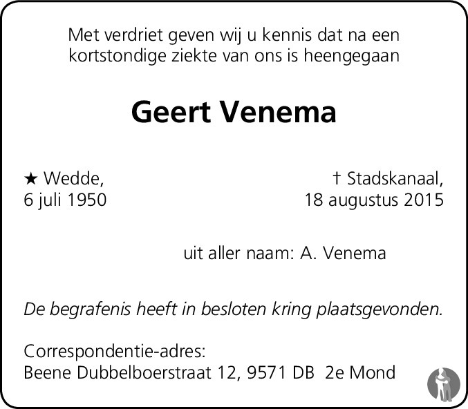 Geert Venema 18-08-2015 overlijdensbericht en condoleances - Mensenlinq.nl