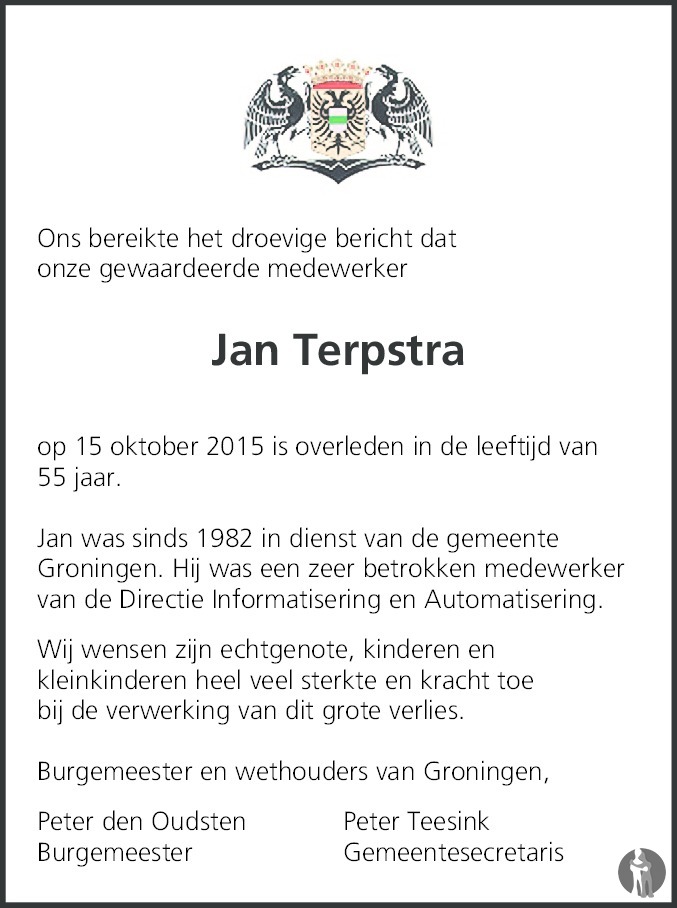 Jan Terpstra 15-10-2015 overlijdensbericht en condoleances - Mensenlinq.nl