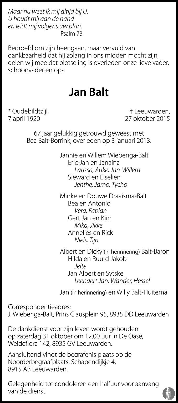 Jan Balt 27-10-2015 overlijdensbericht en condoleances - Mensenlinq.nl