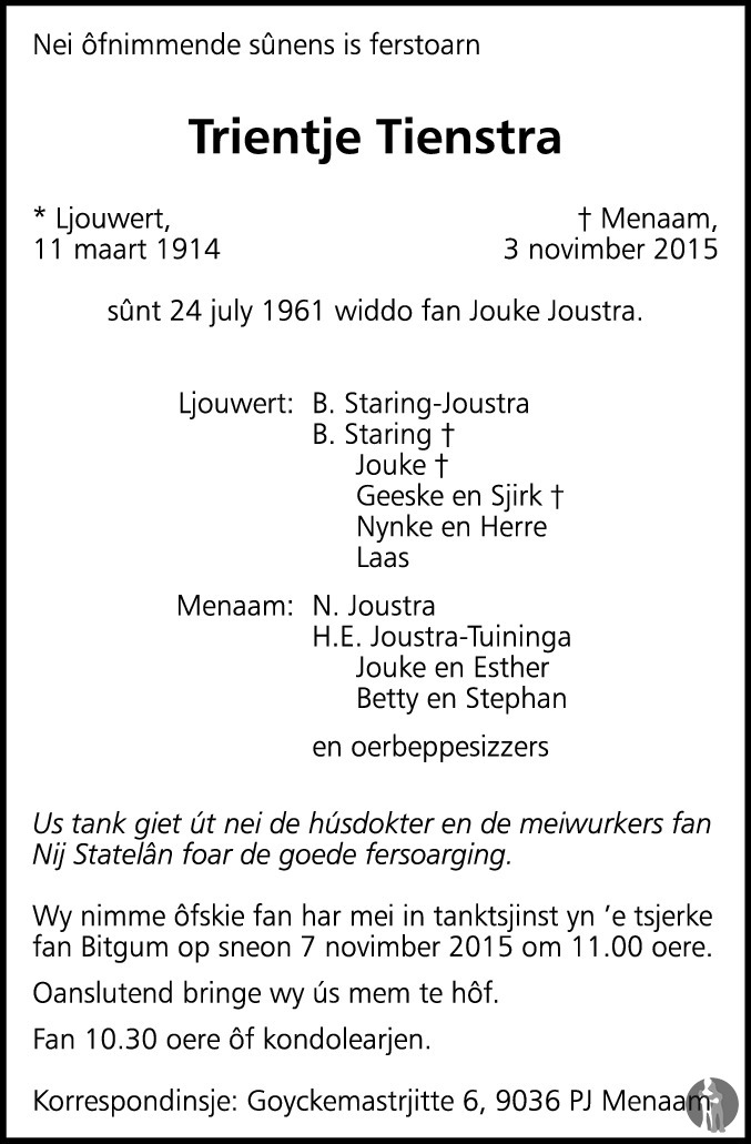 Trientje Joustra - Tienstra 03-11-2015 overlijdensbericht en ...