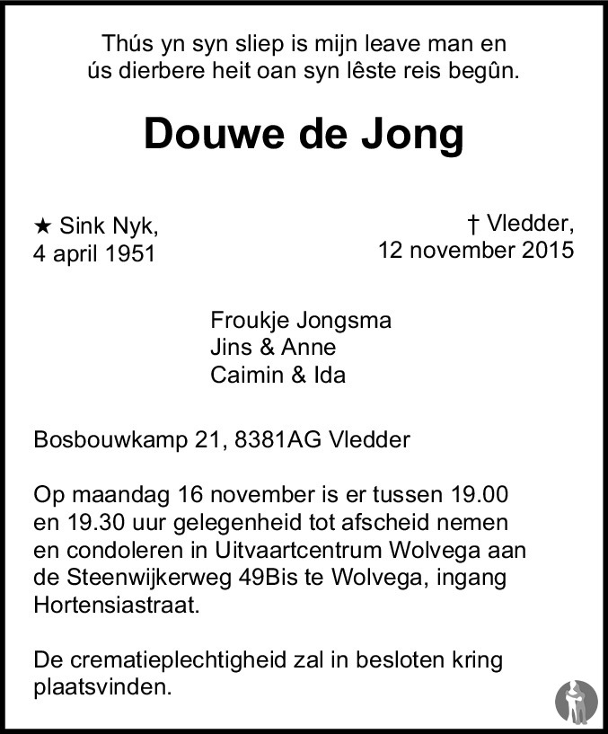 Douwe de Jong 12-11-2015 overlijdensbericht en condoleances - Mensenlinq.nl