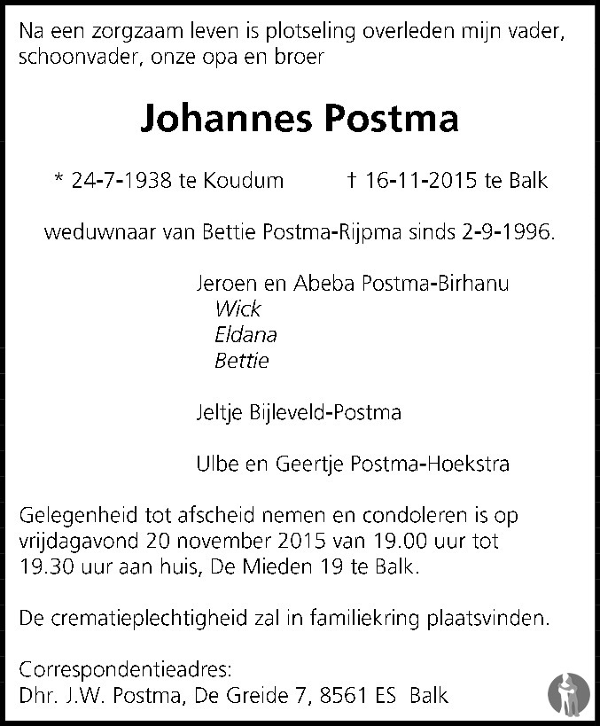 Johannes Postma 16-11-2015 overlijdensbericht en condoleances - Mensenlinq.nl