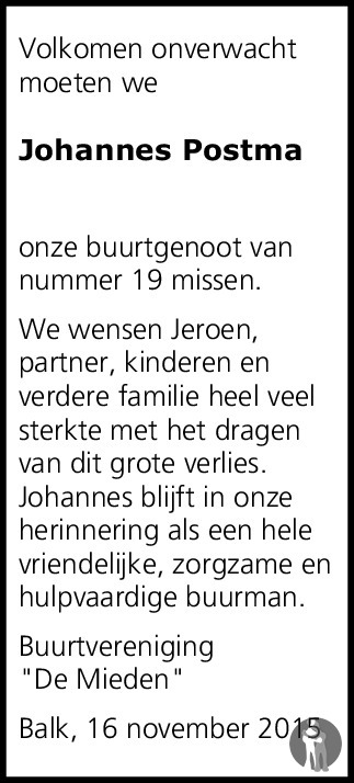 Johannes Postma 16-11-2015 overlijdensbericht en condoleances - Mensenlinq.nl