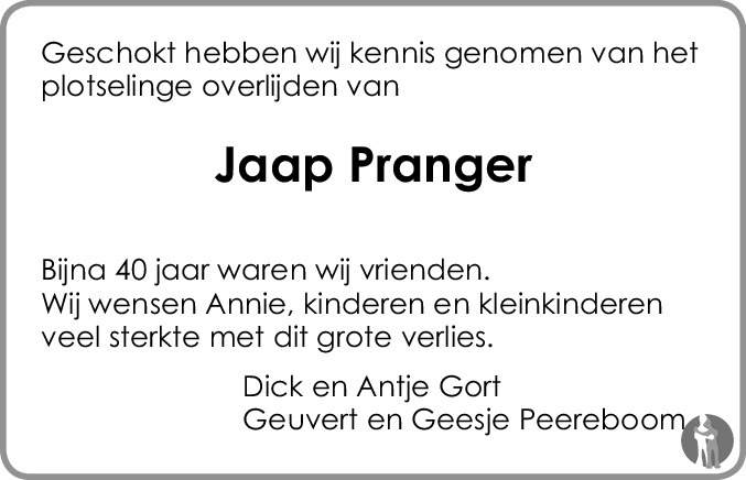 Jaap Pranger 05-01-2016 overlijdensbericht en condoleances - Mensenlinq.nl