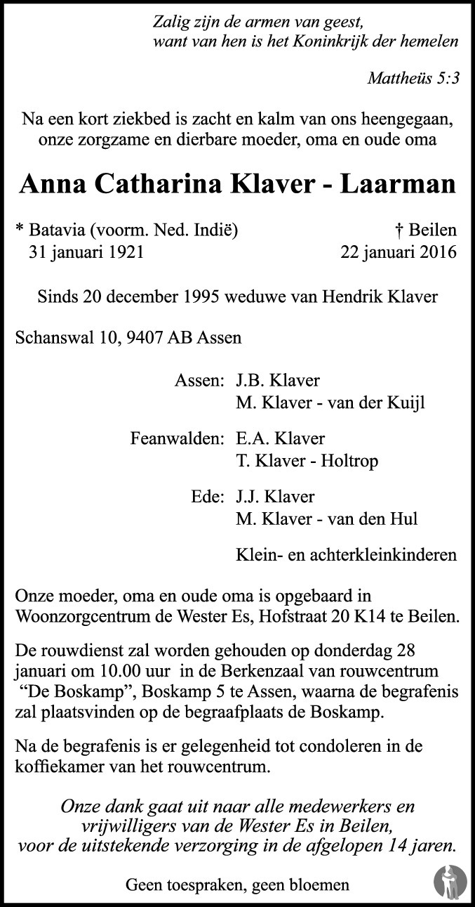 Anna Catharina Klaver - Laarman 22-01-2016 overlijdensbericht en ...