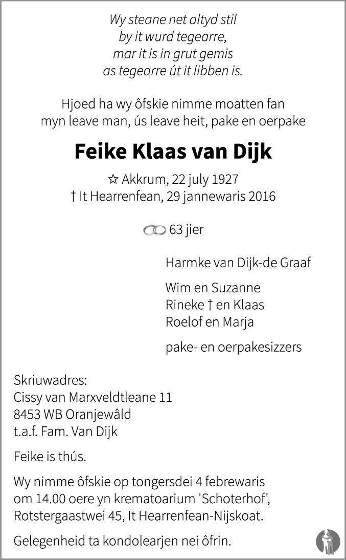 Feike Klaas van Dijk 29-01-2016 overlijdensbericht en condoleances ...