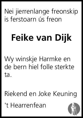 Feike Klaas van Dijk 29-01-2016 overlijdensbericht en condoleances ...