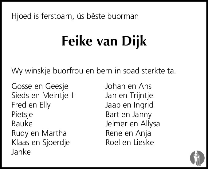 Feike Klaas van Dijk 29-01-2016 overlijdensbericht en condoleances ...