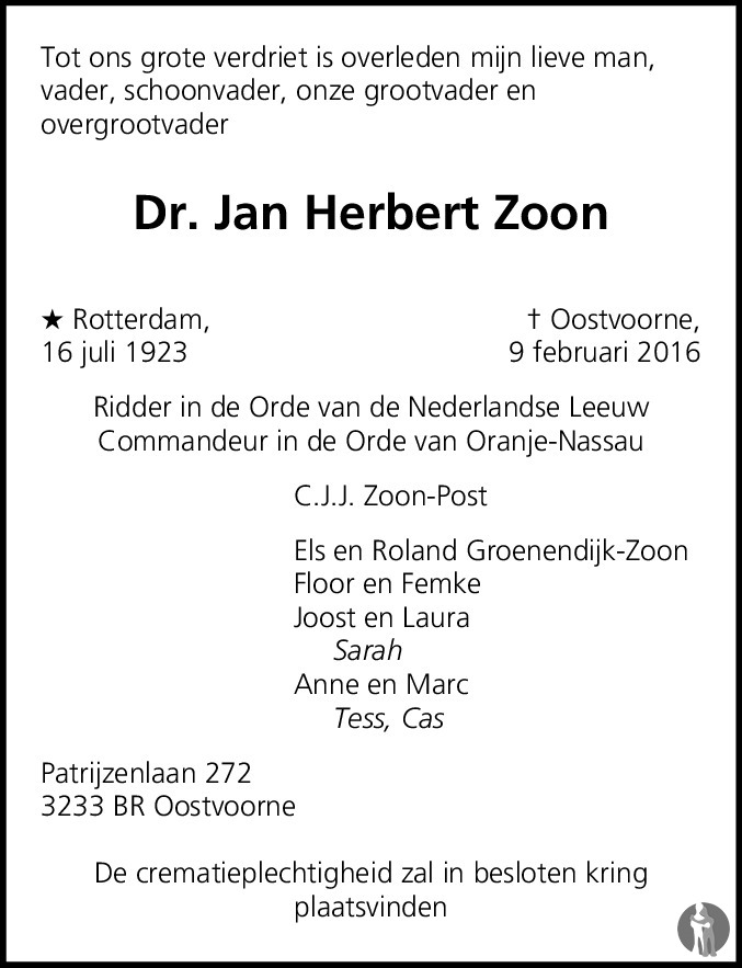 Dr. Jan Herbert Zoon 09-02-2016 overlijdensbericht en condoleances ...