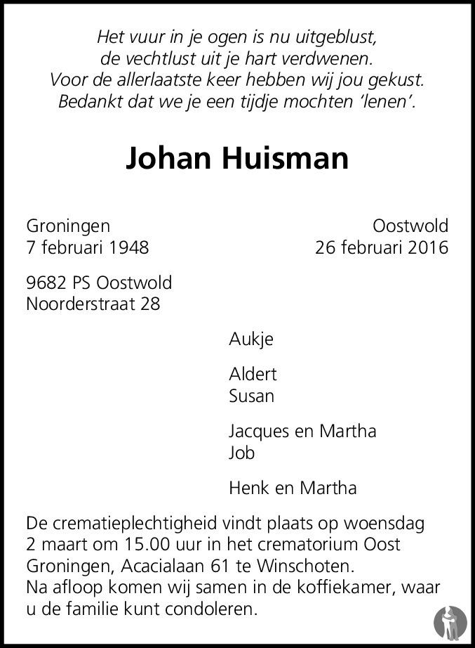 Johan Huisman 26-02-2016 overlijdensbericht en condoleances - Mensenlinq.nl
