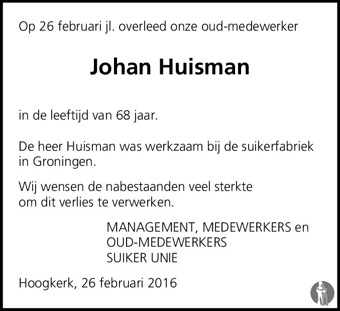 Johan Huisman 26-02-2016 overlijdensbericht en condoleances - Mensenlinq.nl
