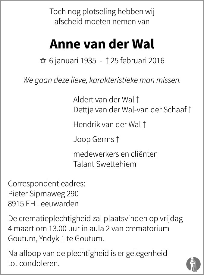 Anne van der Wal 25-02-2016 overlijdensbericht en condoleances ...