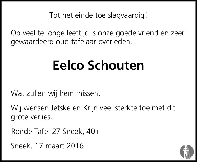 Eelco Schouten 17-03-2016 overlijdensbericht en condoleances - Mensenlinq.nl