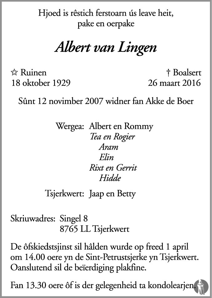 Albert van Lingen 26-03-2016 overlijdensbericht en condoleances - Mensenlinq.nl
