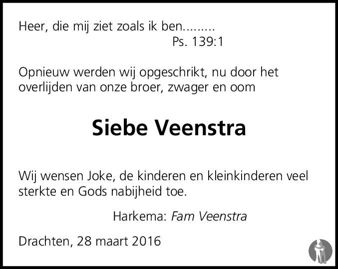 Siebe Veenstra 28-03-2016 overlijdensbericht en condoleances ...