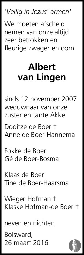 Albert van Lingen 26-03-2016 overlijdensbericht en condoleances - Mensenlinq.nl