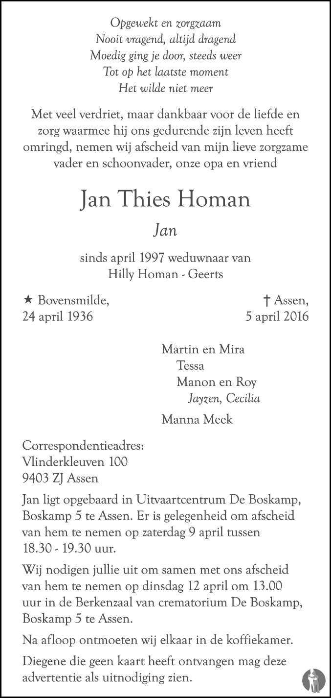 Jan Thies (Jan) Homan 05-04-2016 overlijdensbericht en condoleances ...