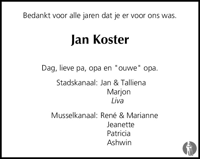 Jan Koster 29-05-2016 overlijdensbericht en condoleances - Mensenlinq.nl