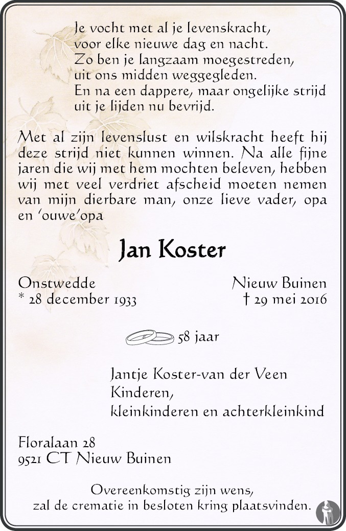 Jan Koster 29-05-2016 overlijdensbericht en condoleances - Mensenlinq.nl