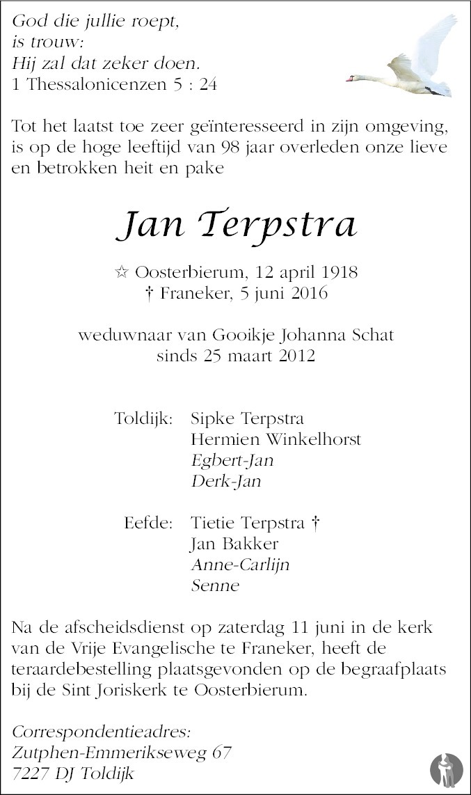 Jan Terpstra 05-06-2016 overlijdensbericht en condoleances - Mensenlinq.nl