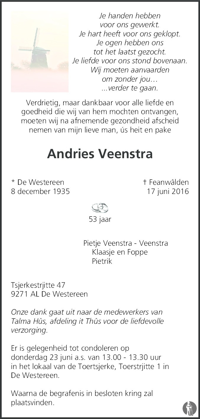 Andries Veenstra 17-06-2016 overlijdensbericht en condoleances ...