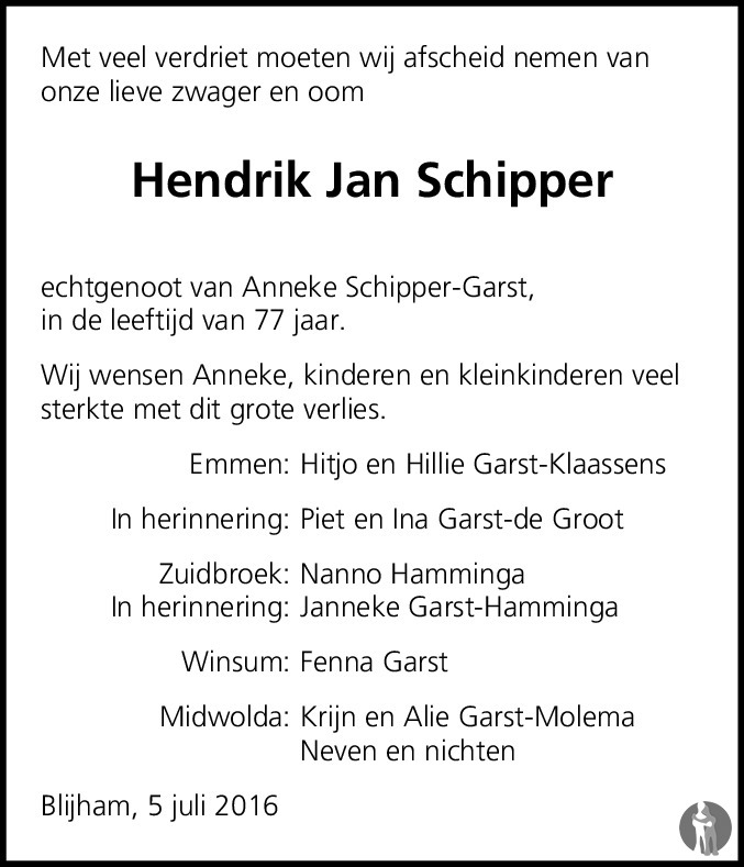 Hendrik Jan (Henk) Schipper 05-07-2016 overlijdensbericht en ...