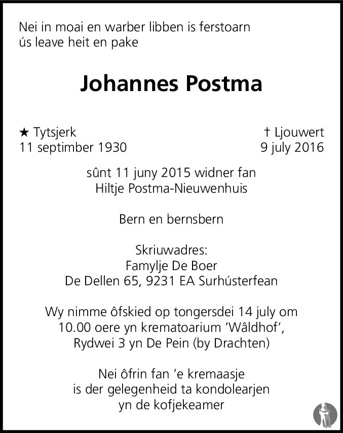 Johannes Postma 09-07-2016 overlijdensbericht en condoleances - Mensenlinq.nl