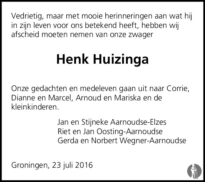 Hendrik Douwe (Henk) Huizinga 23-07-2016 overlijdensbericht en ...