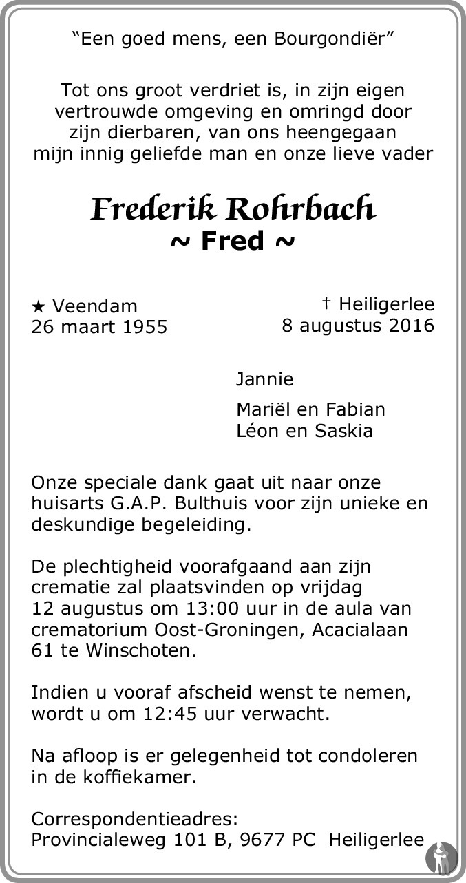 Frederik (Fred) Rohrbach 09-08-2016 overlijdensbericht en condoleances ...