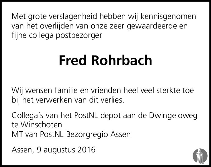 Frederik (Fred) Rohrbach 09-08-2016 overlijdensbericht en condoleances ...