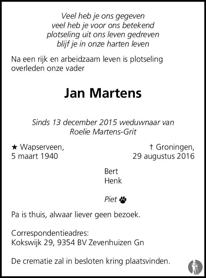 Jan Martens 29-08-2016 overlijdensbericht en condoleances - Mensenlinq.nl