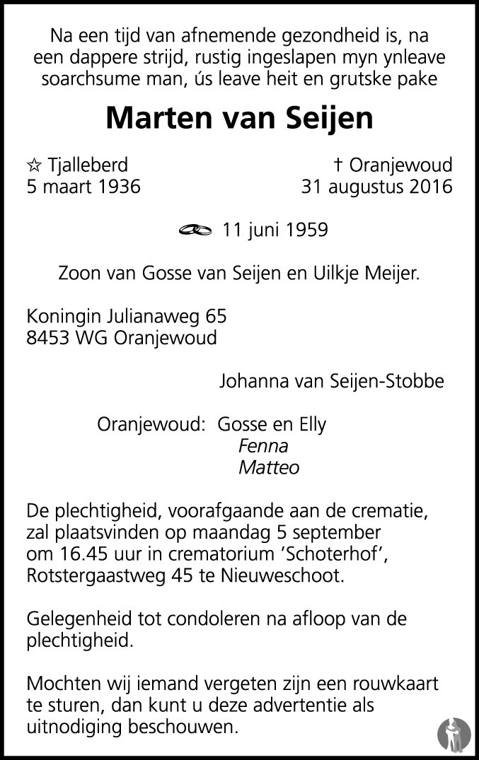 Marten van Seijen 31-08-2016 overlijdensbericht en condoleances ...