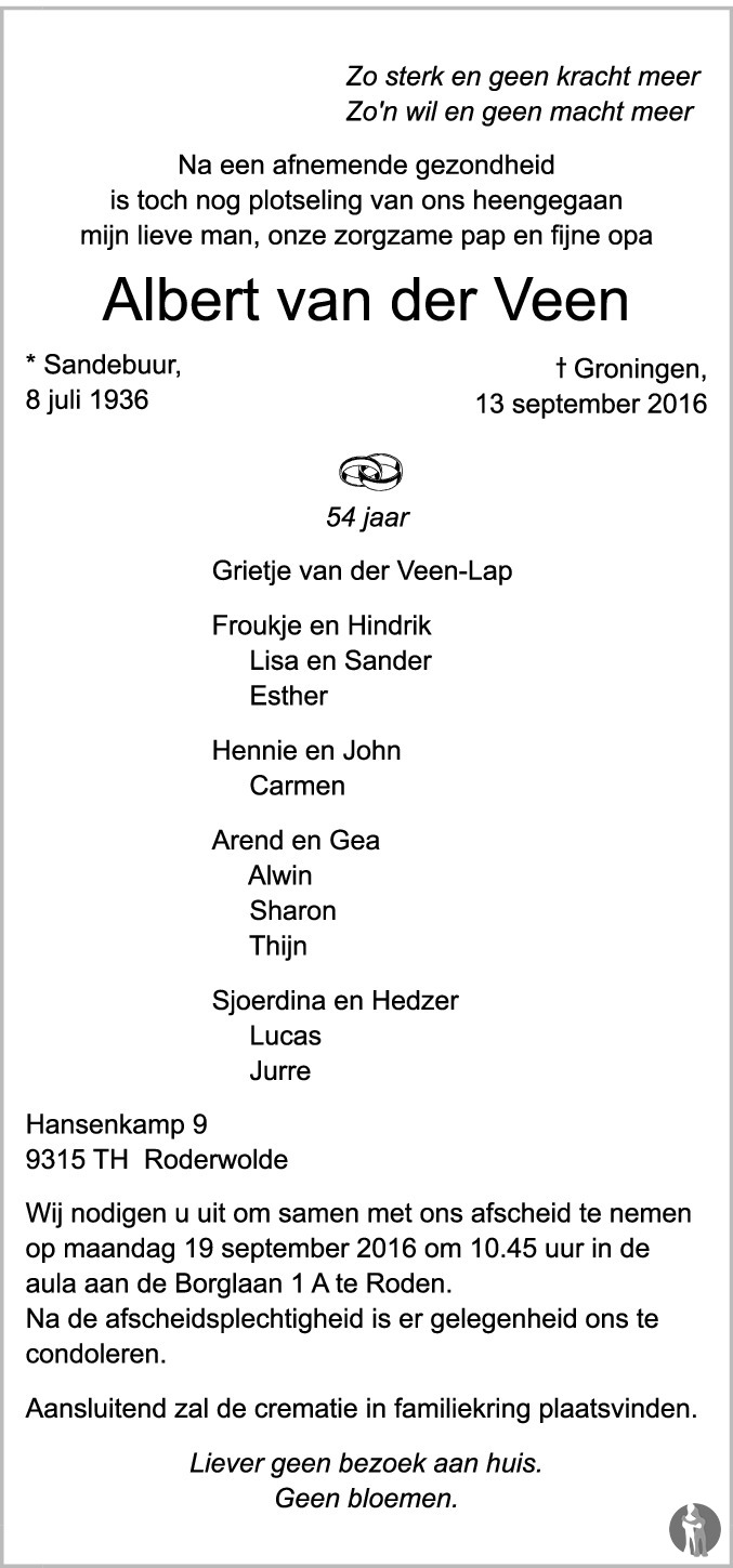 Albert van der Veen 13-09-2016 overlijdensbericht en condoleances ...