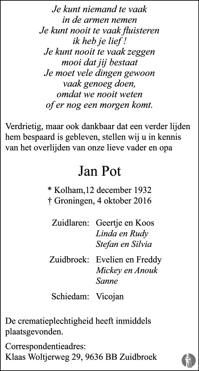Jan Pot 04-10-2016 overlijdensbericht en condoleances - Mensenlinq.nl