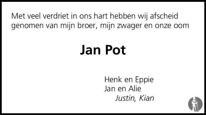 Jan Pot 04-10-2016 overlijdensbericht en condoleances - Mensenlinq.nl